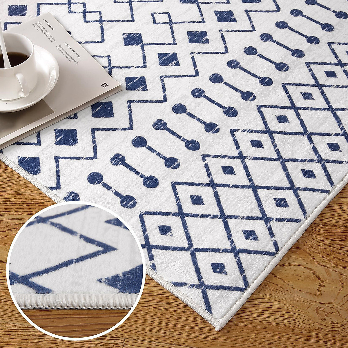 GAOMON 4x6 Rug for Living Room Washable Rugs Modern Geometric Area Rug for Bedroom Tribal Office Carpet Soft Nursery Rug Low Pile Floor Cover Neutral Rugs Blue and White