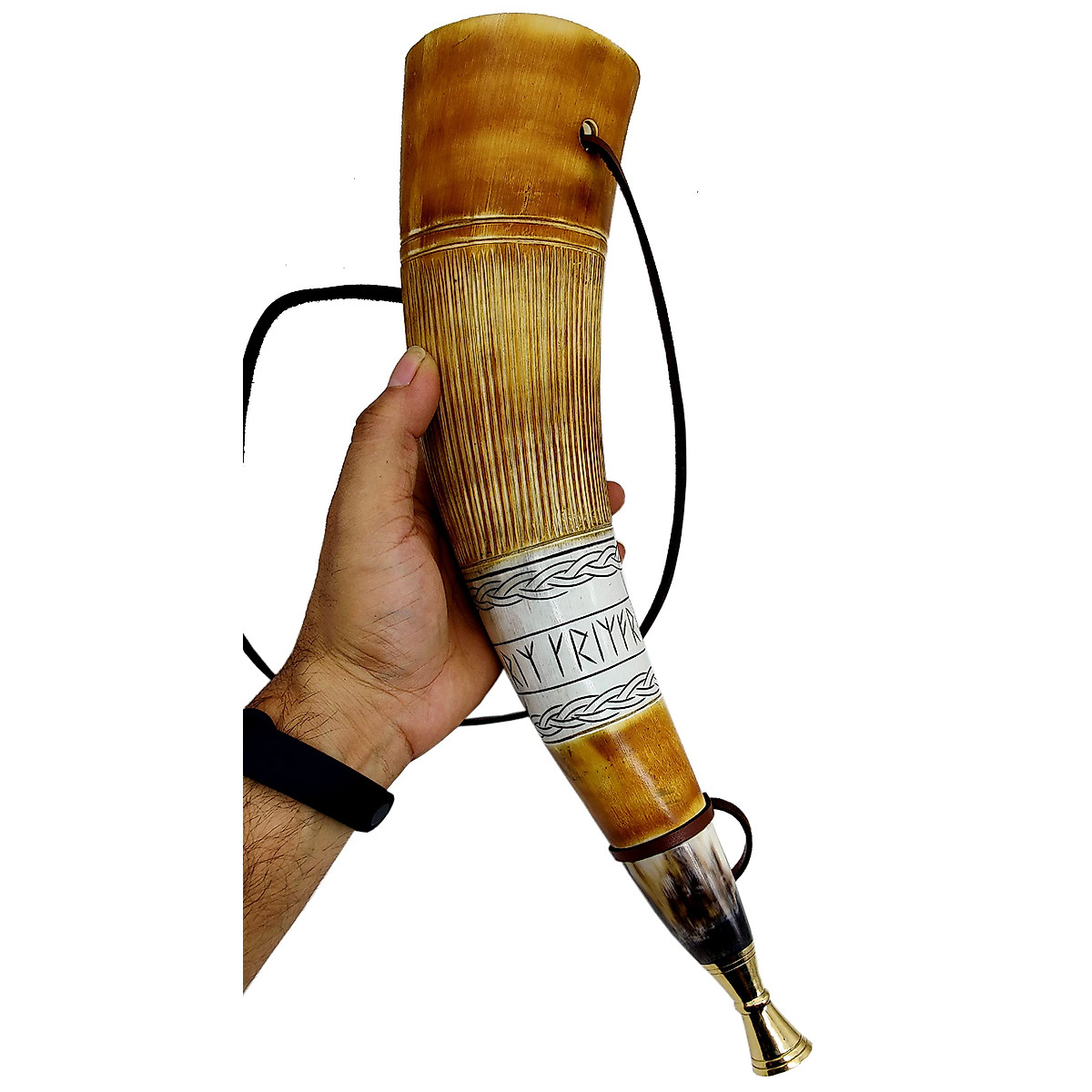 Viking War Horn Genuine Ox-Horn Battle Trumpet - Premium Hand Engraved Horn Viking Norse Cattle Ancient Horn Bugle Hunting Tool BATTLE HORN BLOWING HORN VIKING BUGLE HORN & Brass With Wooden Stand 16"