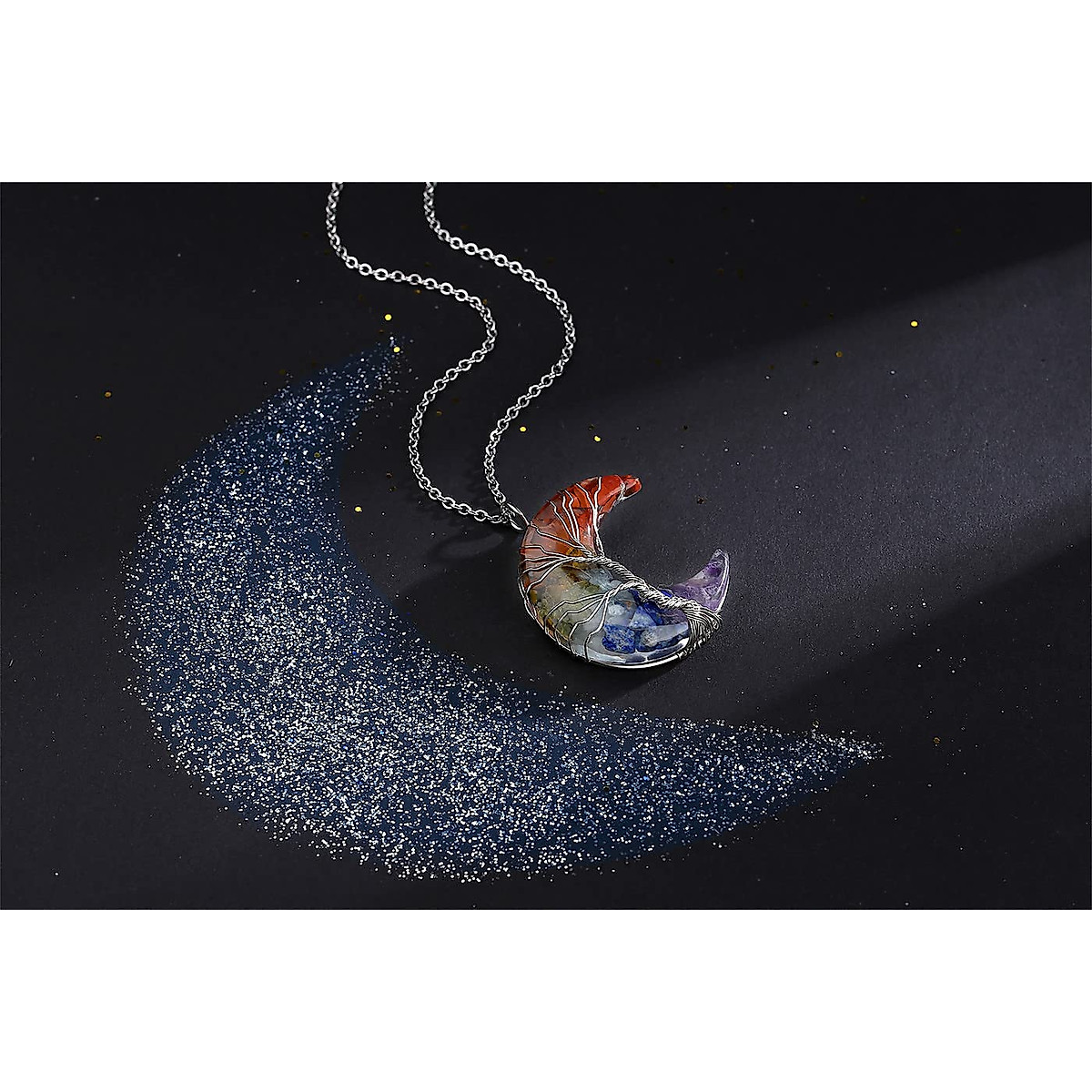 MAIBAOTA 7 Chakra Healing Crystal Necklace Tree Life Crescent Moon Phase Stone Pendant Necklaces Natural Reiki Spiritual Quartz Gemstone Mothers Day Gifts for Mom Hippie Witch Jewelry Gifts for Women