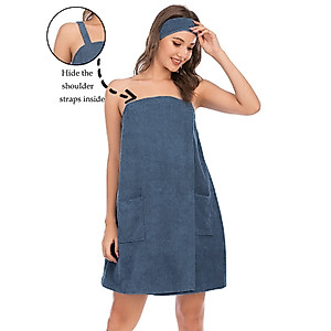 Women’s Terry Cloth Bath Towel Wrap with Adjustable Closure Elastic Robe & Facial Strap (M,Grey Blue)
