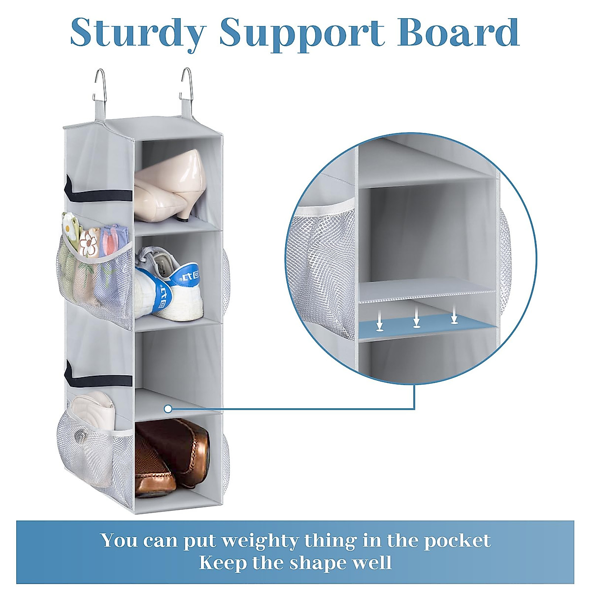 SLEEPING LAMB Short Hanging Shoe Organizer for Closet Storage with Mesh Side Pockets Holds 8 Pairs, Hanging Shoe Rack Hanger RV, Camper, Grey