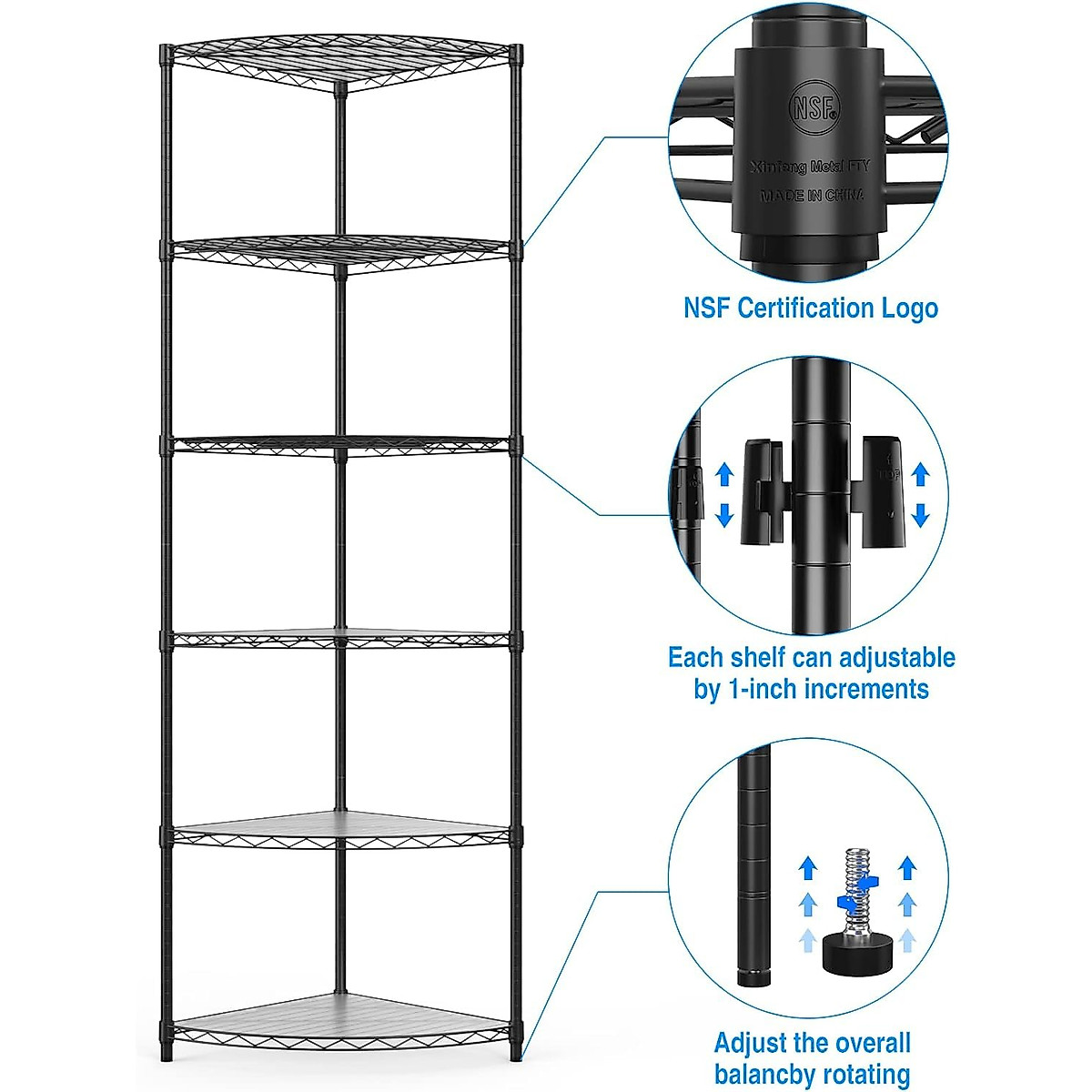 Corner Shelf Wire Shelving Unit, 6 Tier NSF Metal 420lbs Capacity Heavy Duty Adjustable Storage Rack with Shelf Liners for Closet Kitchen Bathroom Garage Basement, 72" H x 18" L x 18" D - Black