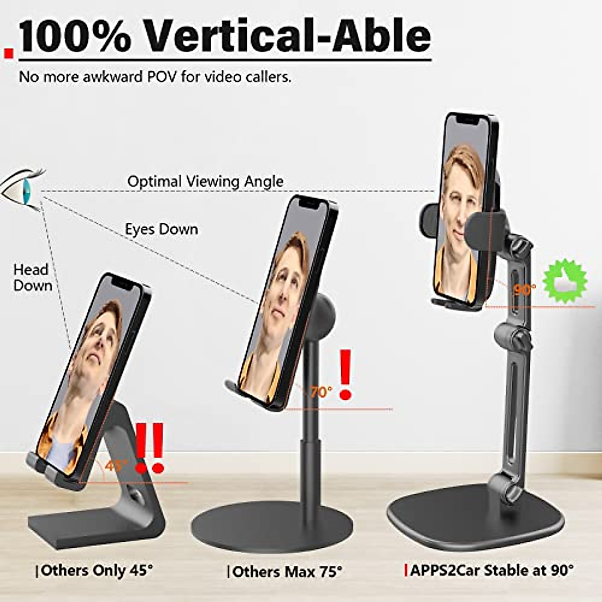 Phone Stand for Desk [No Dropping Stable Triple-Clamp Holder] Adjustable Height 360 Degree Rotation Heavy Base Thick Case Friendly, APPS2Car Multifunctional Cell Phones Stand for iPhone Android Phones