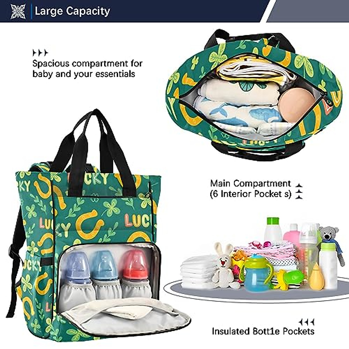 St Patricks Clover Diaper Bag Backpack for Baby Boys Girls Multifunction Baby Essentials Travel Tote with Stroller Straps & Bottle Storage Large Travel Diaper Backpack for Traveling Shopping Hiking