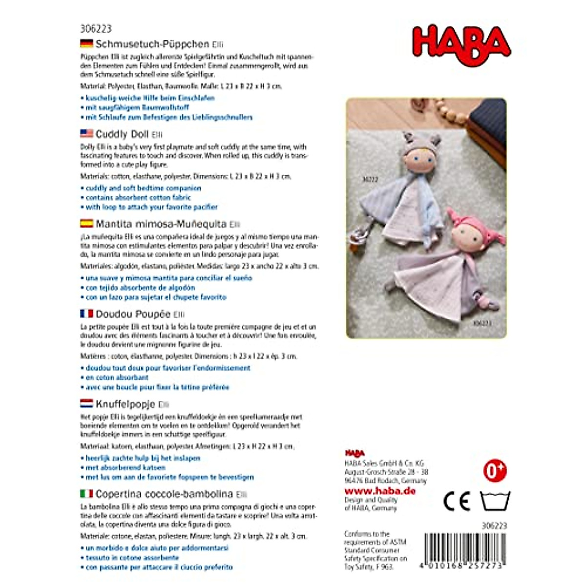 HABA Cuddly Blanket Doll Elli - Soft Lovey Baby Toy for Birth and Up (Machine Washable)