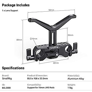 SMALLRIG 15mm Long Lens Support Bracket Height Adjustable for DSLR Camera Shoulder Rig (New) - 1087