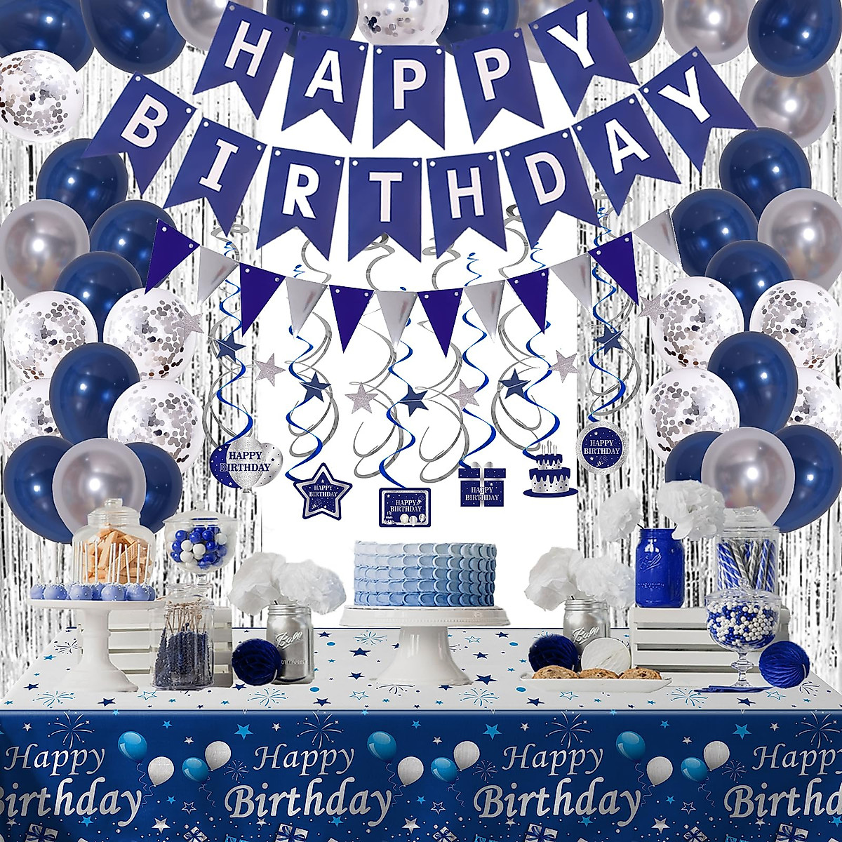 Blue Birthday Decorations for Men, Birthday Party Decorations for Men Women Boys Grils with Bunting Banner, Fringe Curtains, Hanging Swirl, Tablecloth happy birthday decorations Party Decor Suit