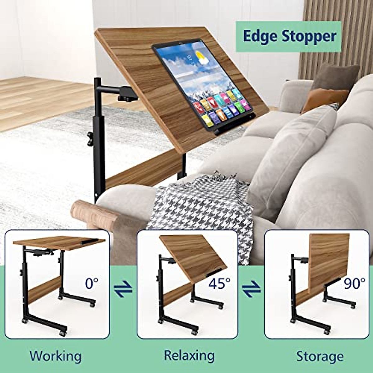 Laptop Cart 31.5" Mobile Table Movable Sofa Side Table with Tilt Tabletop Portable Tray Table for Home Office Height Adjustable Notebook Computer Workstation with Lockable Wheels (Oak)