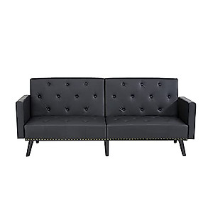 Naomi Home Black Futon Sofa Bed, Faux Leather Futon Couch with Armrest, Black Sofa Bed Couch with Metal Legs, Pull Out Sofa Bed, Reclining Small Couch Bed, Folding Small Couch for Living Room