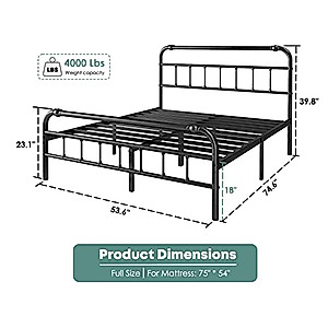 FSCHOS Full-Size-Bed-Frame-with-Headboard and Footboard, 18 Inch Metal Platform , Premium Steel Heavy Duty Bed Frame Full No Box Spring Needed, Easy Assembly, Black