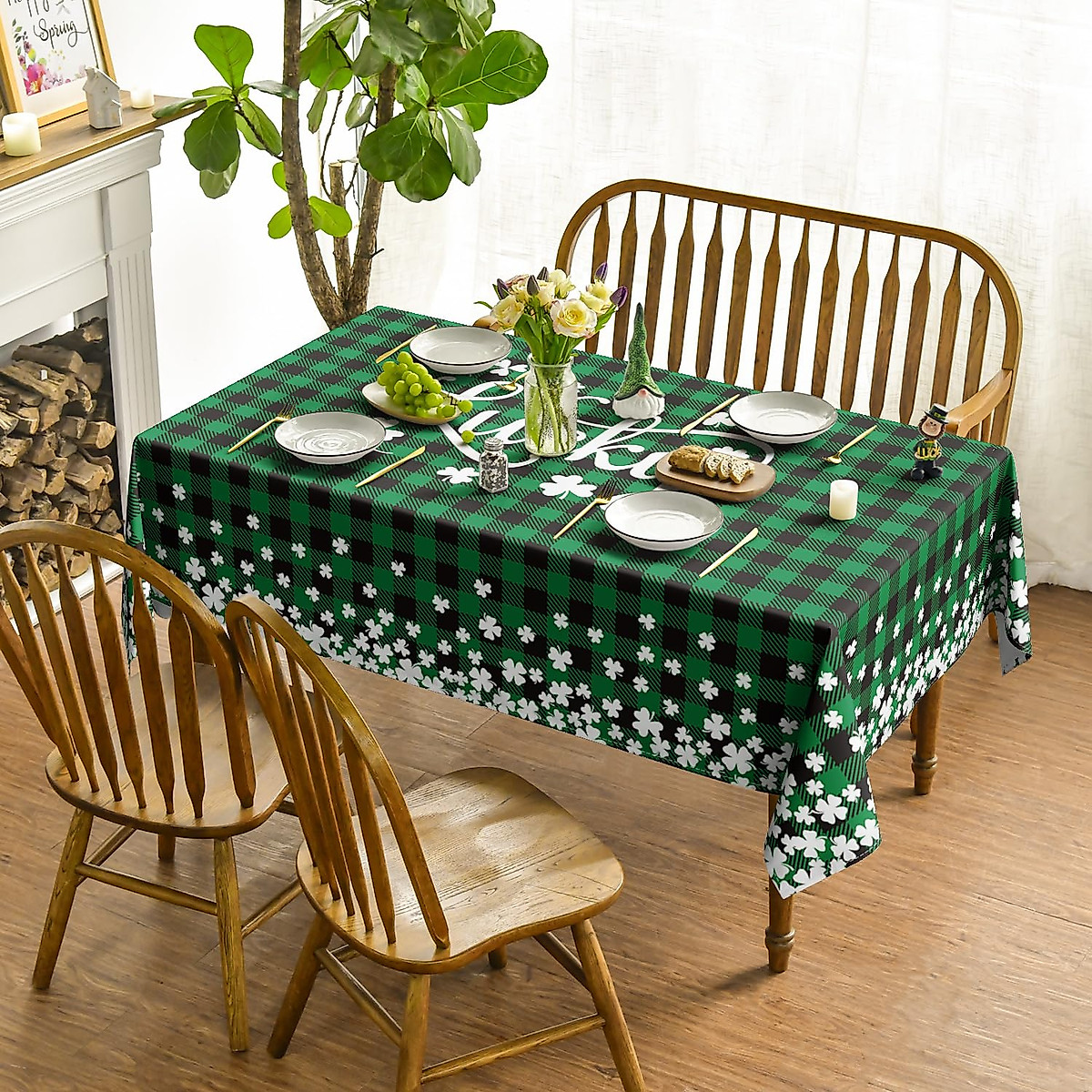 Horaldaily St. Patrick's Day Rectangular Tablecloth 60×84 Inch, Buffalo Plaid Shamrock Lucky Washable Table Cover for Party Picnic Dinner Decor
