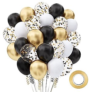 RHGBINLI Black Gold Confetti Latex Balloons, 60 Pack 12 Inch Black Metallic Gold Party Balloons for Graduation Birthday Wedding Party Decorations