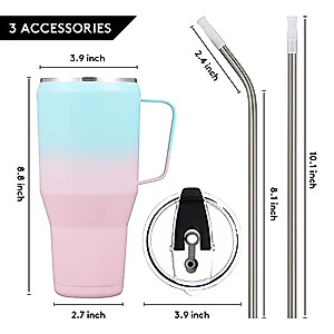 GOBATT 40 oz Tumbler with Handle and Straw Lid，Reusable Stainless Steel Double Vacuum Insulated Travel Mug Iced Coffee cup ，Keep Cold for 24 Hours, pink green