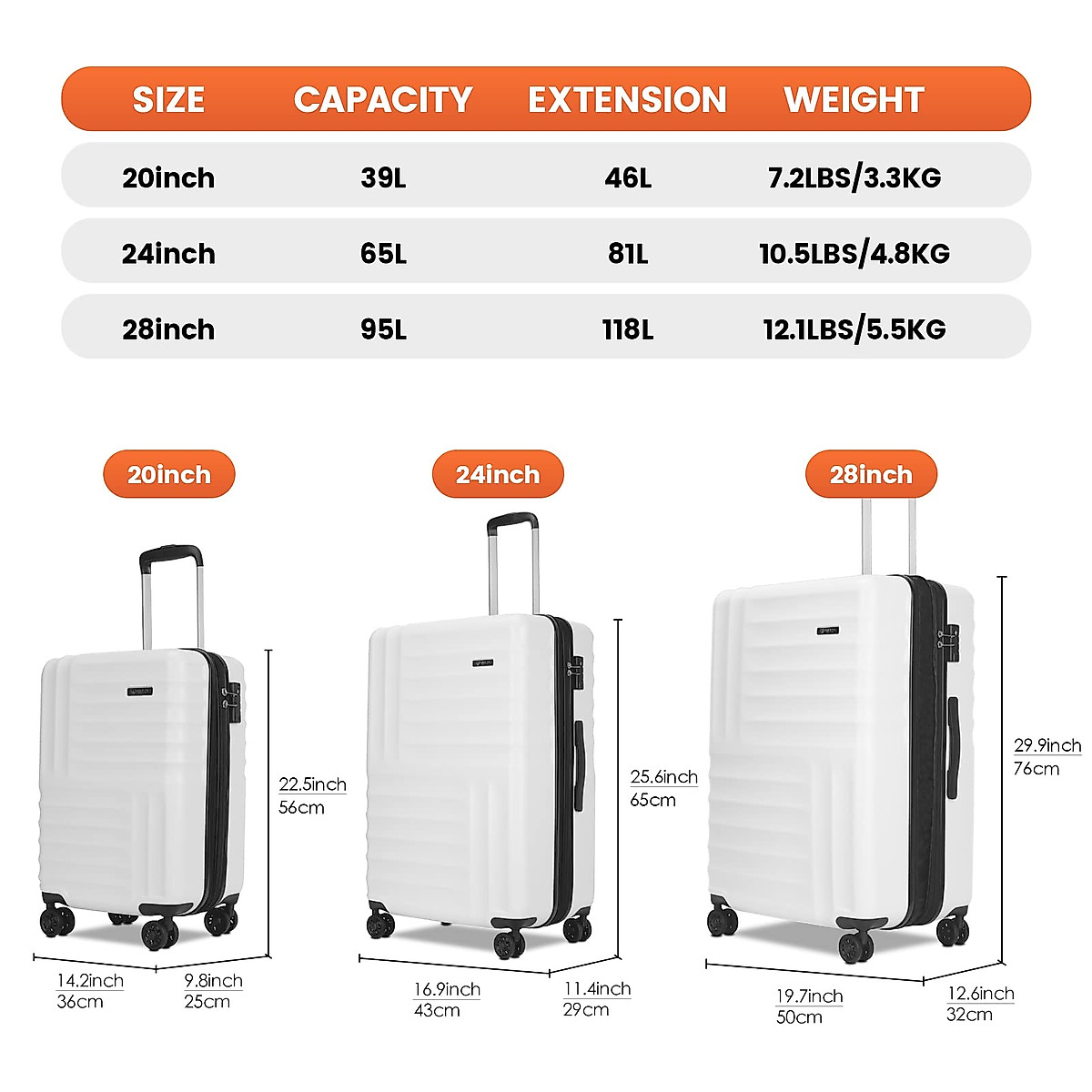 PRIMICIA GinzaTravell PC+ABS suitcase Spinner Wheels scratch-resistant Lightweight Spinner Expandable Suitcase, Universal wheel, TSA lock (White, 3-Piece Set(20"/25"/29"))