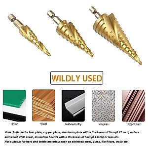 3Pcs HSS Spiral Step Drill Bit Set, 1/4" Hex Shank High Speed Steel Titanium Coated Cone Hole Cutter Bit with Automatic Center Punch for Drilling Plate Aluminum Metal Wood Hole (4-12mm/4-20mm/4-32mm)