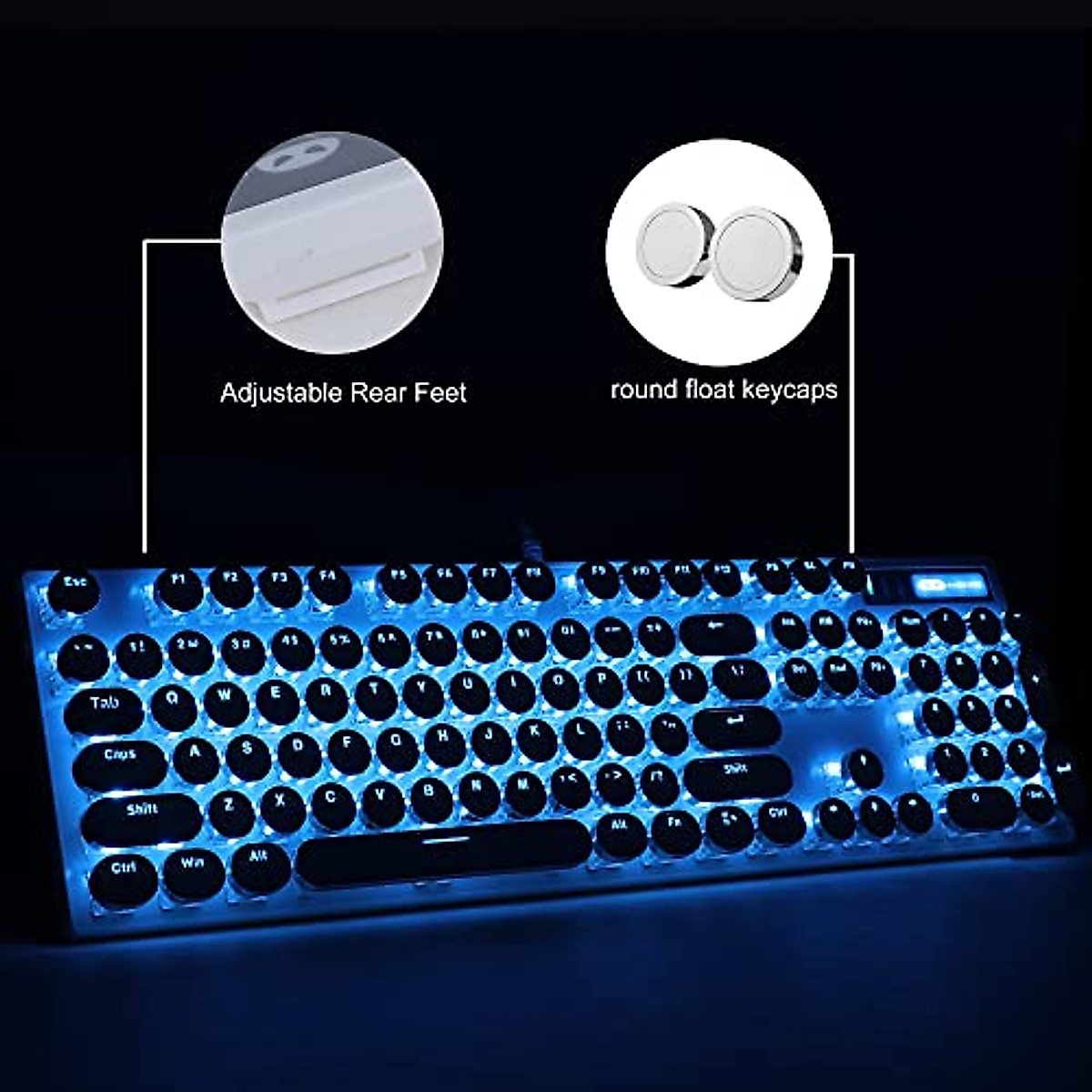 Camiysn Typewriter Style Mechanical Gaming Keyboard, White Retro Punk Gaming Keyboard with Blue Backlit, 104 Keys Blue Switch Wired Cute Keyboard, Round Keycaps for Windows/Mac/PC