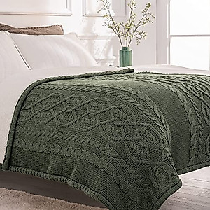 RECYCO Acrylic Cable Knit Sherpa Throw Blanket for Couch, Thick Super Soft Cozy Knit Blanket Sweater Style Sherpa Knitted Throw Blankets for Bed Sofa Chair, 50 x 60 Inches, Forest Green