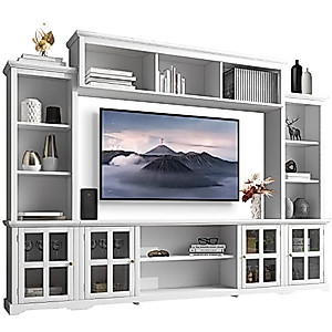 YISUYA Minimalism Style Entertainment Wall Unit with Bridge, TV Stand, Modern TV Console Table for TVs Up to 70”, Multifunctional TV Stand with Tempered Glass Door, Multifunctional TV Stand, White