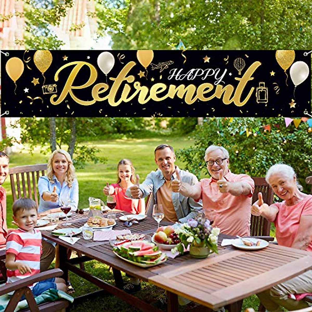 Happy Retirement Banner Horizontal Large Happy Retirement Sign Banner Fabric Retirement Yard Sign Backdrop Background Black Gold Retirement Banner for Retirement Party Photo Booth, 72.8 x 15.7 Inch