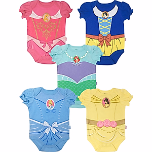 Disney Princess Snow White Belle Aurora Newborn Baby Girls 5 Pack Bodysuits Aurora, Snow White, Ariel, Cinderella, Belle 3-6 Months