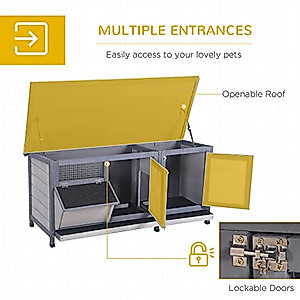 PawHut Wooden Rabbit Hutch Bunny Hutch Cage Guinea Pig with Waterproof Roof, No Leak Tray and Feeding Trough, Indoor/Outdoor, Gray