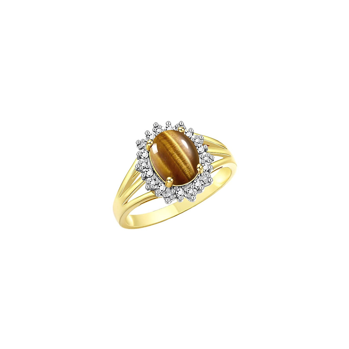 RYLOS Rings for Women 14K Gold Plated Silver Ring Princess Diana Inspired 9X7MM Gemstone & Halo of Diamonds Tiger Eye Jewelry for Women Size 10