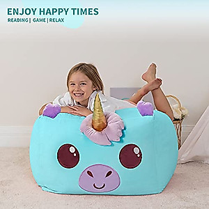 Aubliss Unicorn Stuffed Animal Storage Bean Bag Chair for Kids, Velvet Extra Soft Beanbag Chairs Cover, X-Large Stuffable Zipper Bean Bag for Organizing Plush Toys Girls Bedroom Decor, Cyan