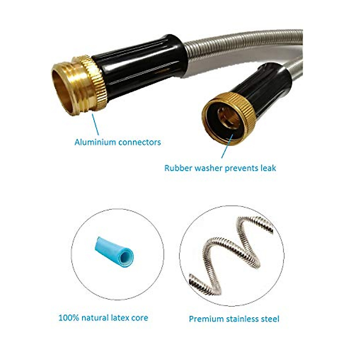MTB 304 Stainless Steel Garden Hose 50-ft with Spray Nozzle and 3/4” Solid Aluminum Connectors, Metal Water Hose