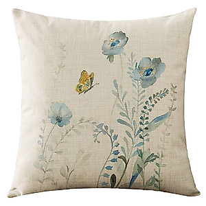 WOMHOPE Decorative Throw Pillow Covers Spring Flower Bird Butterfly Pillow Cases Cushion Cases Burlap Toss 18 x 18 Inch,Set of 4 for Living Room,Couch and Bed (Small Blue Flower)