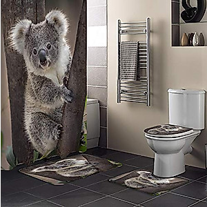 Big buy store 4 Pcs Shower Curtain Sets Cute Koala Bear Waterproof Fabic Bathroom Set with Non-Slip Rugs Toilet Lid Cover Bath Mat, Wild Animals Shower Curtain with Hooks -72x72 inch, Large