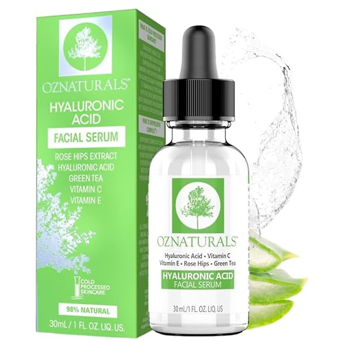 OZNATURALS Hyaluronic Acid Serum for Face - Plumping Serum, Hydrating Facial Skin Product, Natural Ingredients, Plump Fine Lines, Anti-Aging Face Serum, Organic Aloe + Rosehips Intense Moisture