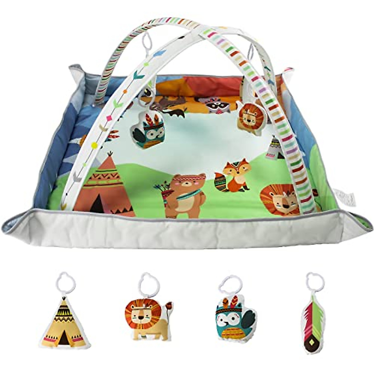 Mostop Baby Gym Play Mat with 4 Toys for Sensory and Motor Skill Development Language Discovery, 3 in 1 Large Size Baby Gym Activity Center for Tummy Time Washable Mat Covers Baby Activity Play Mat