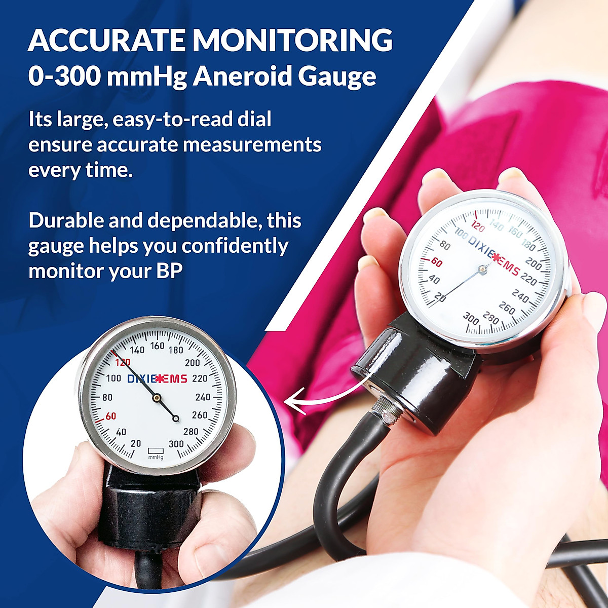Dixie EMS Deluxe Aneroid Sphygmomanometer Blood Pressure D-Ring Cuff - Pink