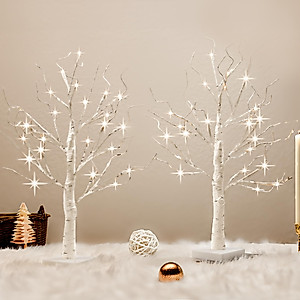 Alfanite Lighted Birch Tree with LED Lights for Indoor Decor, 2FT White Christmas Tree, Artificial Tree with Battery Powered Timer for Winter Wedding Home Mantle Table Top Centerpieces Easter Decor