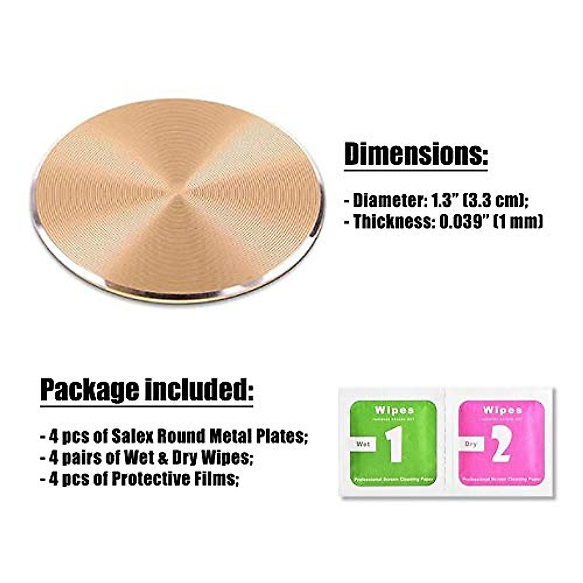 SALEX Cute Replacement Metal Plates Set 4 Pack for Magnetic Phone Holder. Kit of 4 Mix Round Discs Without Holes for Car Mount, Phone Case Back. Strong Circular 3M Adhesive Cell Phone Magnet Stickers.