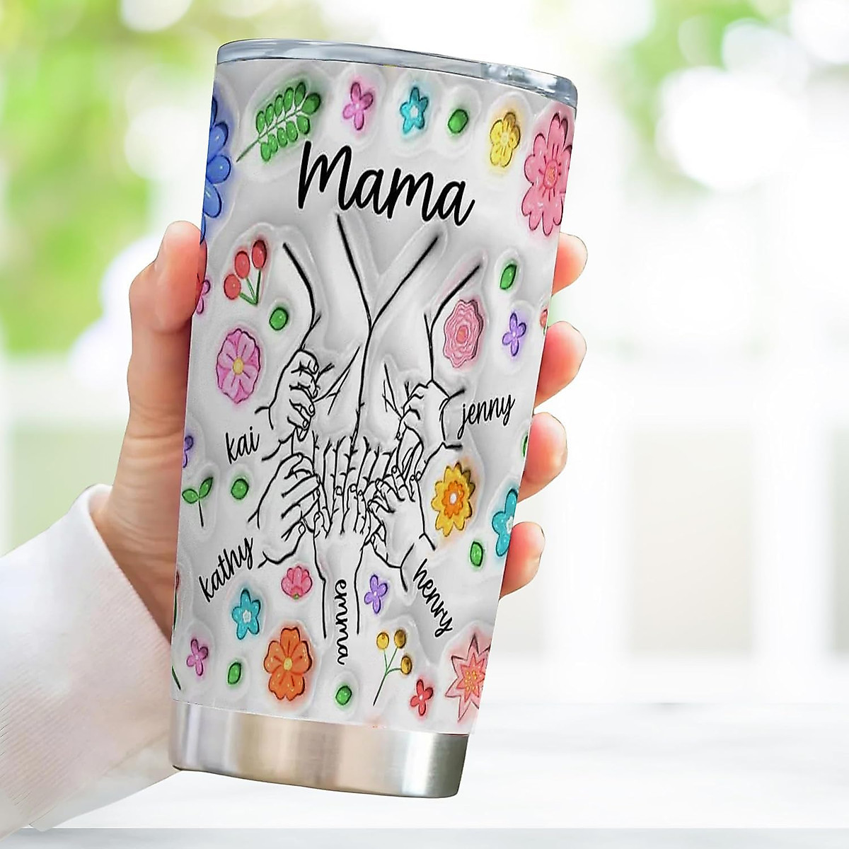 LOVELYPOD Personalized Mama Tumbler with Kids Names, You Hold Our Hands Also Our Hearts Drinking Cup, Custom Mothers Day Gifts For Mom from Daughter Son, Mama Gifts