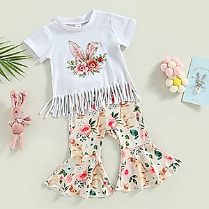 Toddler Baby Girl Summer Clothes Baby Girl T-Shirt Tops + Bell-Bottom Pants 2PCS Baby Girl Outfits (White Easter, 12-18 Months)