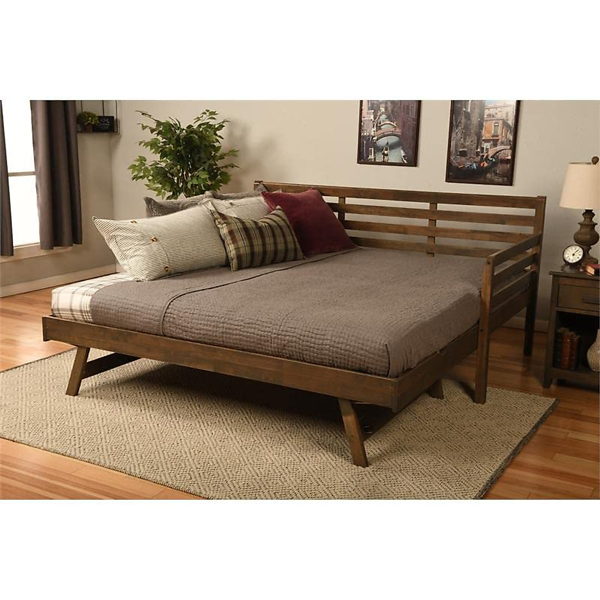 Kodiak Furniture Boho Wood Daybed with Pop Up Trundle in Walnut Brown Finish