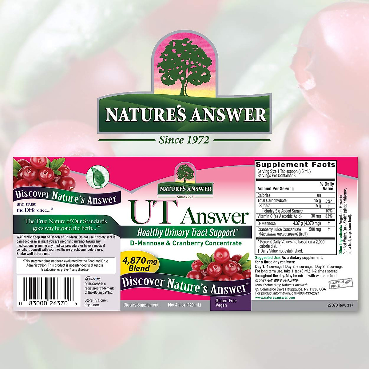 Nature's Answer UT Answer | Urinary Tract Support | Cranberry Flavor Dietary Supplement | Alcohol-Free, Gluten-Free, Not Tested on Animals & Vegan 4oz (Pack of 2)