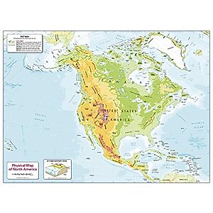 Color Blind Friendly Children's Physical Map of North America - 35.75" x 26.5" Laminated