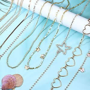 JOERICA 8Pcs Belly Chain for Women Adjustable Boho Multilayer Waist Chain Tassel Butterfly Heart Pendent Rhinestone Belly Chains Waist Beads Summer Beach Bikini Waist Body Jewelry Gold