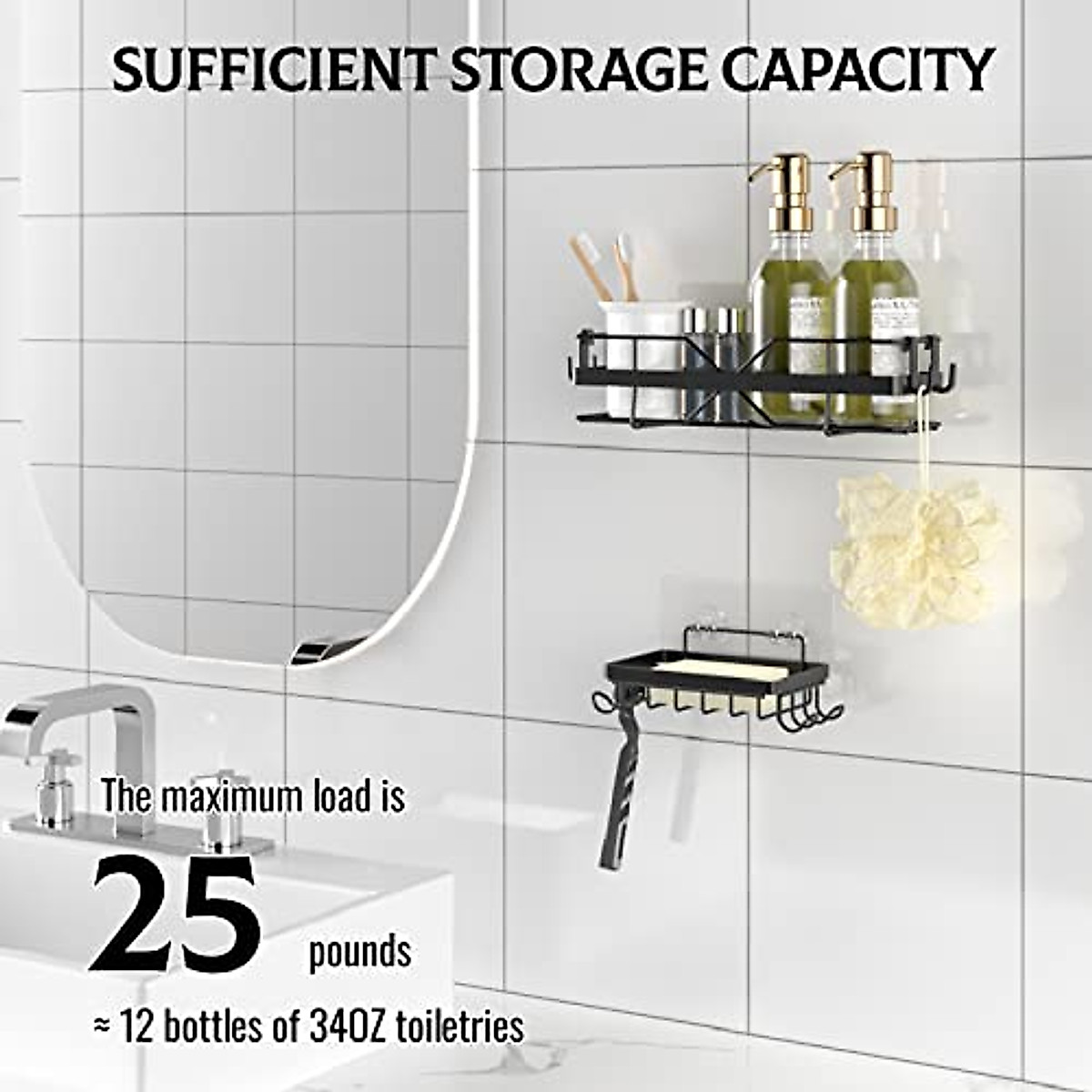 Bathroom Shower Organizer, YASONIC 2-Pack Strong Adhesive Shower Caddy with Soap Holder and 8 Hooks, No Drilling Wall Mounted Rustproof Stainless Steel Shower Shelf, for Inside Shower, Bathroom, Black