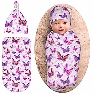 Pink Butterfly Butterflies Newborn Swaddle Blanket Baby Receiving Blankets Infant Sleep Sack Wrap Soft Stretchy Muslin with Beanie Hat for Baby Shower Boy Girl Gifts