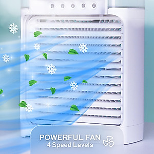 Portable Air Conditioner with Cooling Mist and Remote, Quiet comfort with 4 Speeds, XL 1200ml tank, Personal AC Fan with 5 Mists, 7 Night Lights, 2, 4, 6, 8H Timer, for Home, Office, White