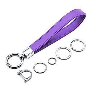 MECHCOS Car Key Fob Keychain Holder Genuine Leather Wristlet Loop Key Chain Circle Carabiner Clip for Men and Women with Anti-Lost D Ring, Screwdriver, 4 Key Rings, 360 Degree Rotatable, Purple