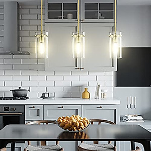 3 Pack 1 Light Indoor Mini Hanging Kitchen Island Modern Industrial Rod Pendant Ceiling Light Fixture,Brushed Bronze Finish Clear Glass Chandelier Shade for Bar Dining Room Over Sink