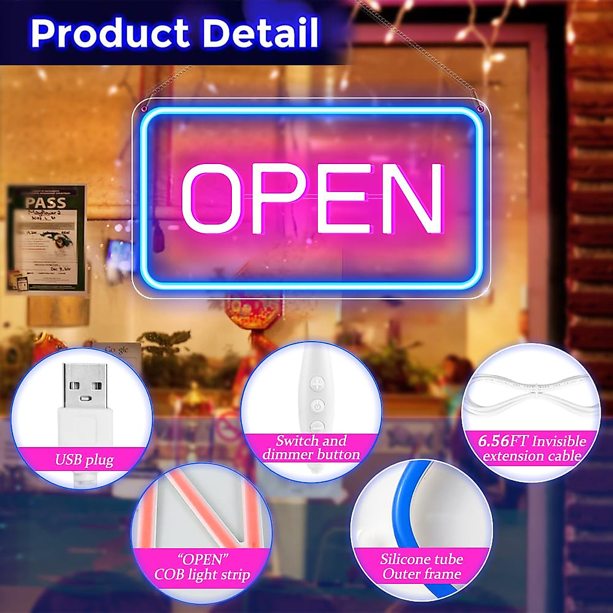 ROLANCHE Open Signs for Business Window, 16"x 9" Neon Open Sign, Bright COB Chip LED Open Sign with ON/OFF Switch, Blue & Pink Open Light Up Sign for Wall, Shop, Hotel, Horizontal