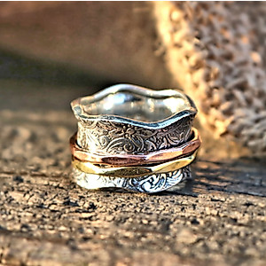 ENERGY STONE 925 Sterling Silver BALANCE & BEAUTY Meditation Spinner Ring Brass & Copper Spinners Leaf Pattern Base Ring (Style USA88)