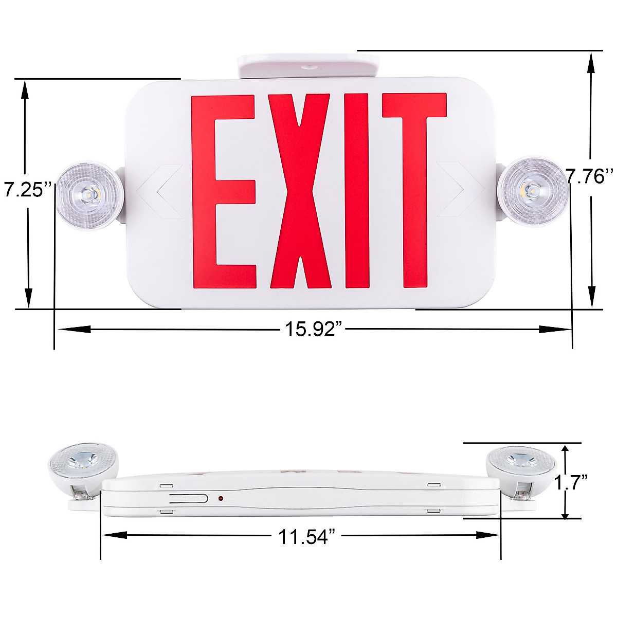LIT-PaTH LED Combo EXIT Sign with 2 Adjustable Head Lights and Back Up Batteries- US Standard Red Letter Emergency Exit Lighting, UL 924 and CEC Qualified, 120-277 Voltage, 4-Pack