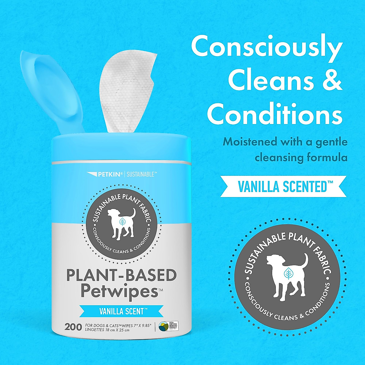 Petkin Plant-Based PetWipes, 200 Wipes, 6 Count - Biobased, Sustainable, Big & Thick Pet Wipes for Dogs & Cats - for Face, Paws, Ears, Body & Eye Area - Consciously Cleans & Conditions - Vanilla